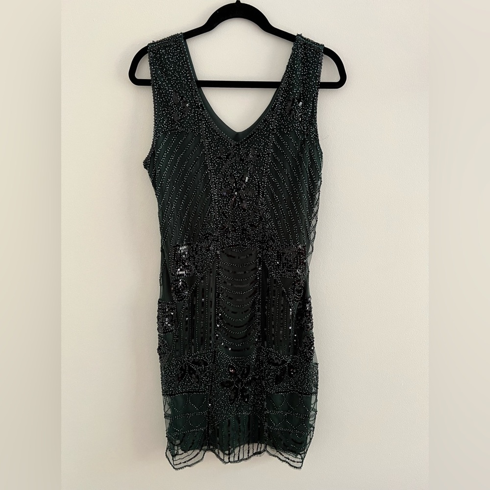 1920's-Inspired Flapper Green Beaded Dress- Medium - Gem